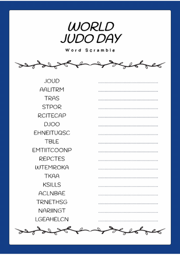 World Judo day word scramble puzzle worksheet Activity | Teaching Resources