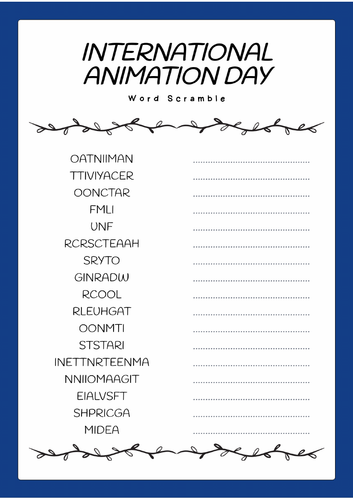 International Animation Day word scramble puzzle worksheet Activity ...