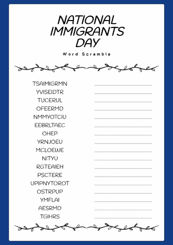 National Immigrants Day word scramble puzzle worksheet Activity ...