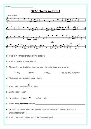 GCSE Music Starter Sheets | Teaching Resources