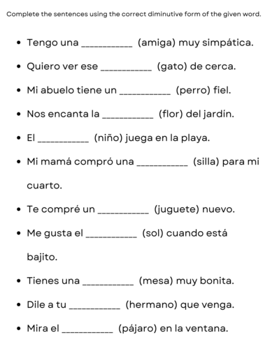 Printable diminutives in spanish worksheet for kids | Teaching Resources
