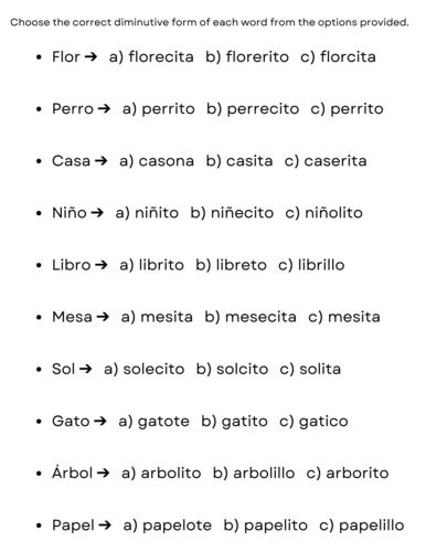 Printable diminutives in spanish worksheet for kids | Teaching Resources