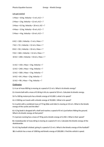 Kinetic energy equation questions | Teaching Resources