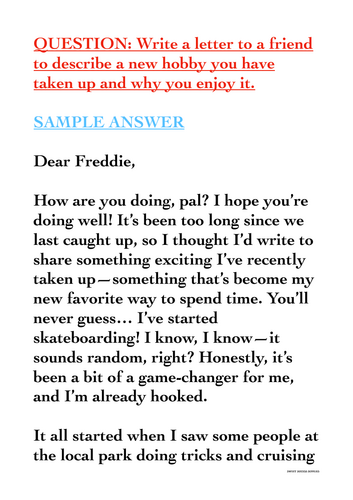 GCSE English Language: Write a letter to a friend to describe a new ...