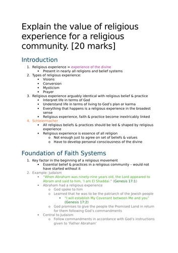 A-Level RS: Influences of Religious Experience 20 Mark Essay + Model ...