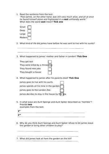 KS2 James and the Giant Peach Comprehension | Teaching Resources