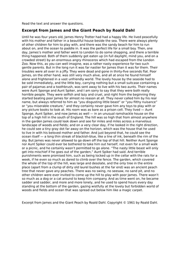 LKS2 James and the Giant Peach Comprehension | Teaching Resources
