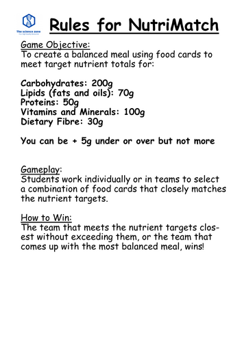 B1 NutriMatch: Balanced Food Game (Free) | Teaching Resources
