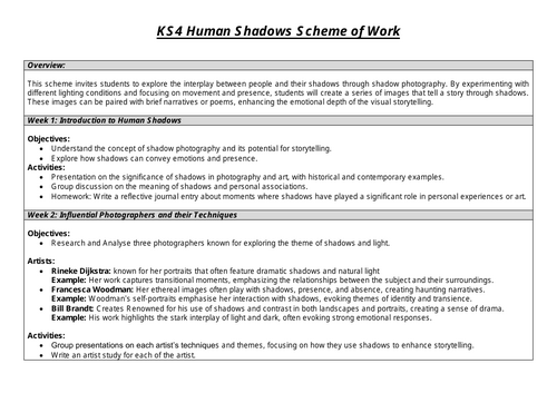 KS4 GCSE Photography Human Shadows Scheme of Work (SOW) | Teaching ...