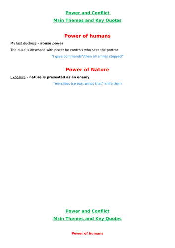 GCSE Power and Conflict Anthology - Main Themes and Key Quotes for all ...
