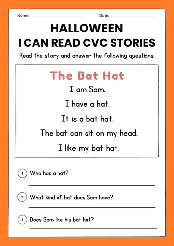 Halloween CVC Decodable Short Stories worksheets with Questions ...