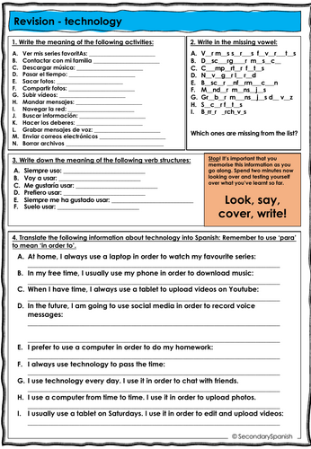 GCSE Spanish TECHNOLOGY revision sheet | Teaching Resources