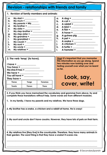 GCSE Spanish FAMILY, FRIENDS AND RELATIONSHIPS - revision sheet ...