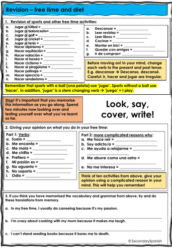 GCSE Spanish FREE TIME AND DIET - revision sheet | Teaching Resources