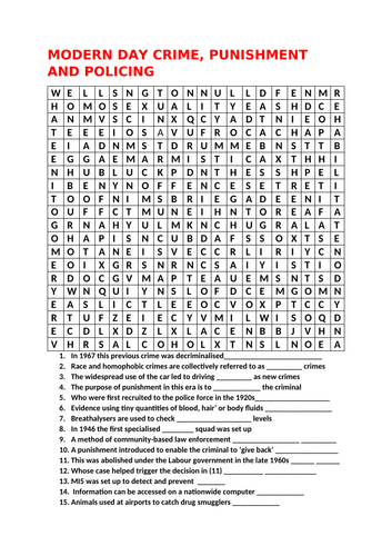 GCSE CRIME, PUNISHMENT AND POLICING WORDSEARCH AND QUIZ FOR EACH ERA ...