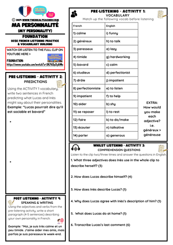GCSE French Listening Practice: Ma Personnalité (Foundation) | Teaching ...
