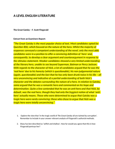 A LEVEL ENGLISH LITERATURE "The Great Gatsby" a bank of exam questions ...