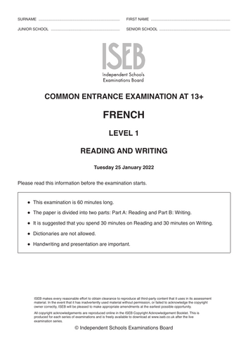 ISEB Common Entrance 13+ French Level 1 Reading and Writing Practice ...