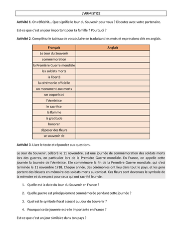 French - A Level - Le Jour du Souvenir - L'Armistice (11 novembre ...