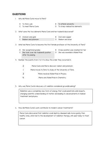Marie Curie Reading Comprehension Activity: Engage, Inspire & Learn ...