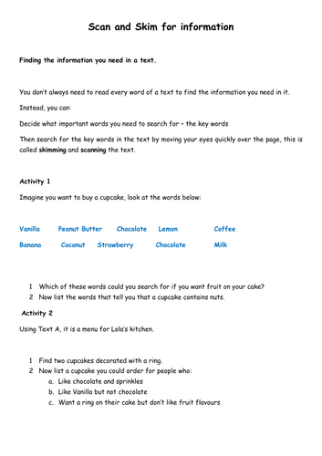 Skim and Scan Activity | Teaching Resources