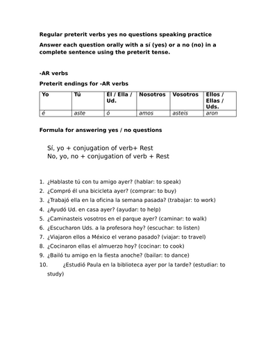 Regular preterit verbs yes no questions speaking practice | Teaching ...