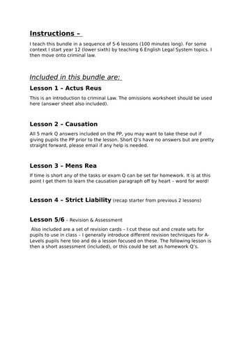 Elements of a crime Bundle - A-Level Law. Actus reus/ Mens rea/ Causation/ Strict liability ...