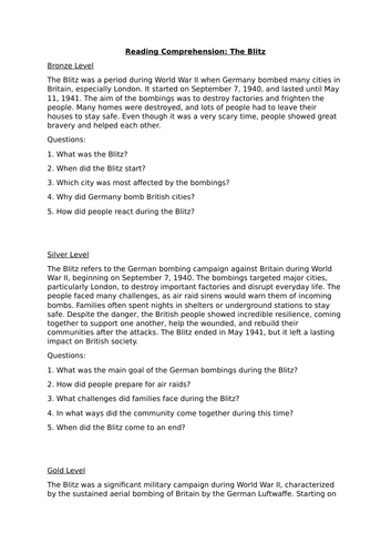 Reading Comprehension - The Blitz | Teaching Resources