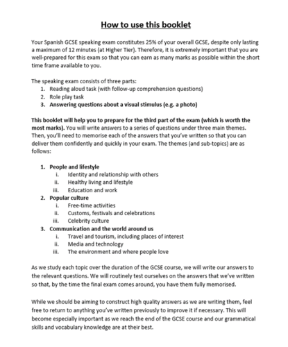 Spanish GCSE Speaking Question Booklet | Teaching Resources