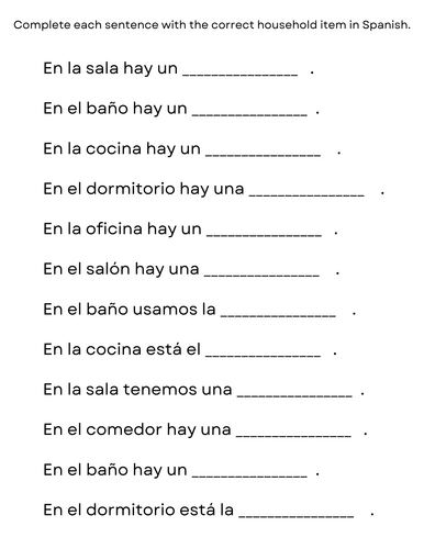 household items in spanish worksheet | Teaching Resources