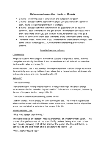 Carol Ann Duffy Comparison Question - 'In Mrs Tilscher's Class' and ...