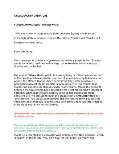 An exemplar essay: wjec english literature "A Streetcar Named Desire ...