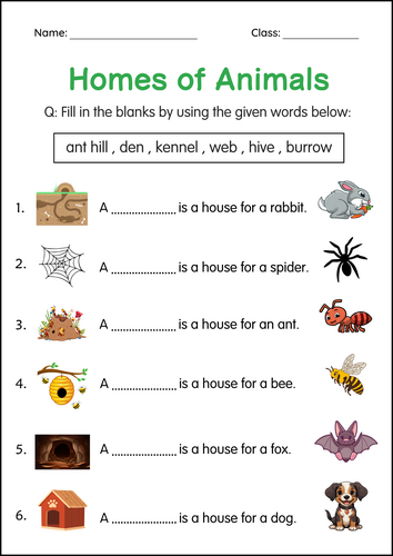 Printable Animals and Their Homes Activity Worksheets for Grade 1, 2, 3 ...