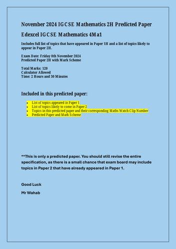 Edexcel IGCSE Mathematics 2H predicted Paper Nov 2024 | Teaching Resources