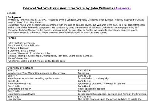 Edexcel GCSE Music Set Work - Star Wars: Revision Questions | Teaching ...