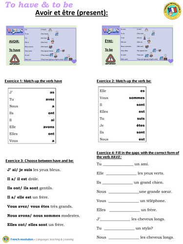 Avoir & Etre : Have & Be worksheet practice - present tense | Teaching ...