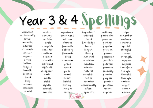 Year 3&4 Common Exception Words/Spellings Word Mat | Teaching Resources