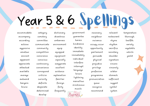 Year 5&6 Common Exception Words/Spellings Word Mat | Teaching Resources