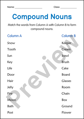 Compound Nouns Grammar Worksheet for Grade 1, 2, 3 | Teaching Resources