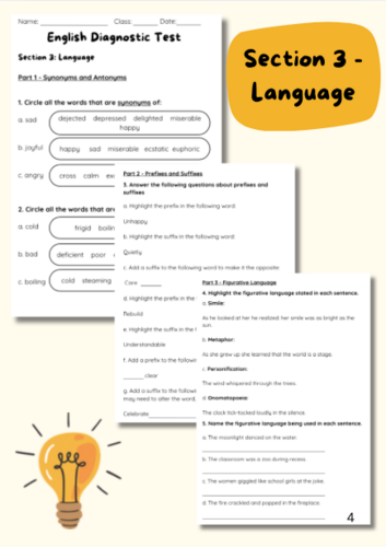 English Diagnostic Test - End of Term 1 - Reading, Writing, Language ...