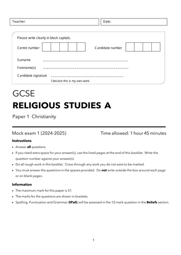 AQA A Religious Studies GCSE style mock exam paper 1 Christianity 2025 with mark scheme ...