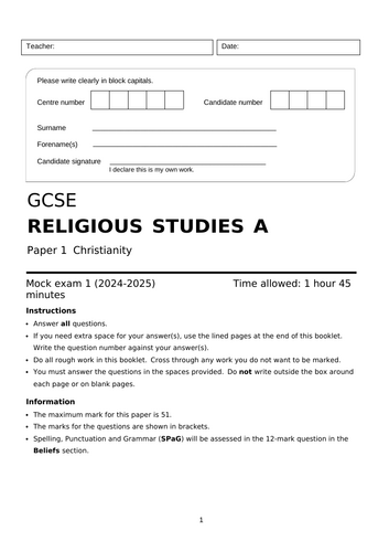 AQA A Religious Studies GCSE style mock exam paper 1 Christianity 2025 ...