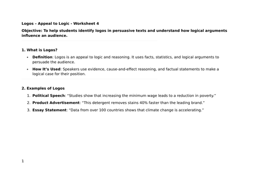 Ethos, Pathos, Logos, and Rhetoric - Four Worksheets | Teaching Resources