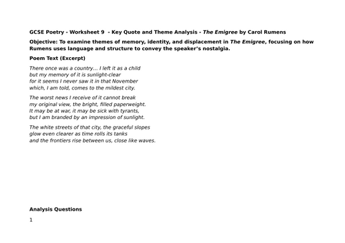A Cohesive GCSE Poetry Reading and Analysis Workbook with 9 worksheets ...