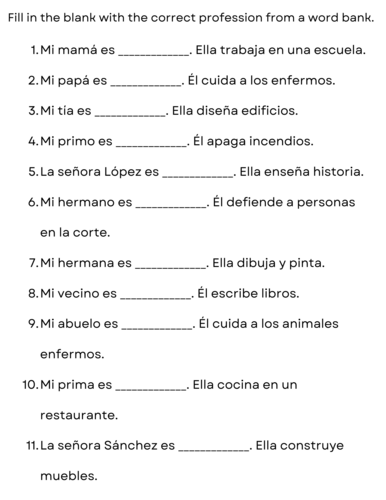 printable professions in spanish worksheet - las profesiones en español ...