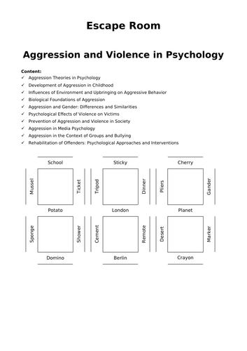 Psychology ESCAPE ROOM - Aggression and Violence in Psychology (10 ...
