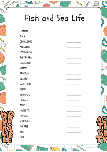 Fish and Sea Life - Word Scramble No Prep Activity Printable Worksheet ...