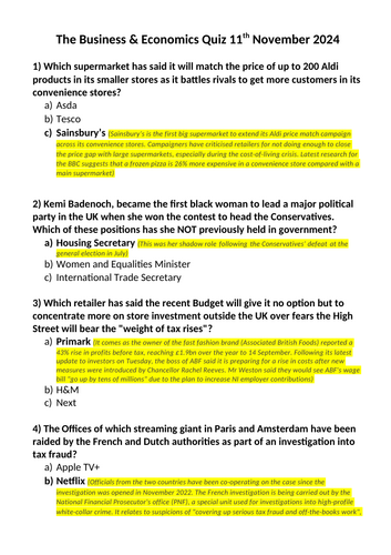 Business & Economics Quiz 11th November 2024 with Answers and ...