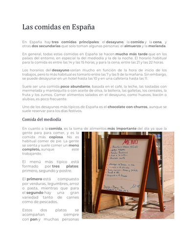 Las comidas en Espana | Teaching Resources