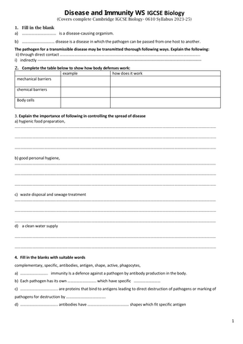 Disease & immunity - worksheet & answer key | Teaching Resources
